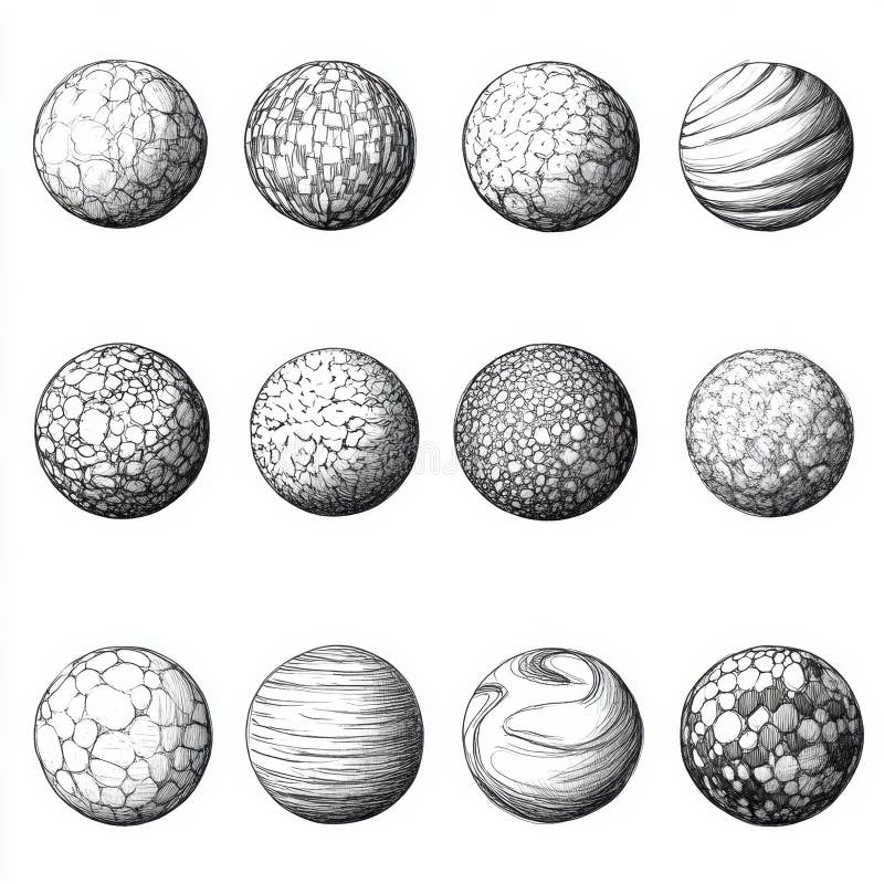 Various Textured Spheres Resembling Planets and Unique Surfaces Stock ...