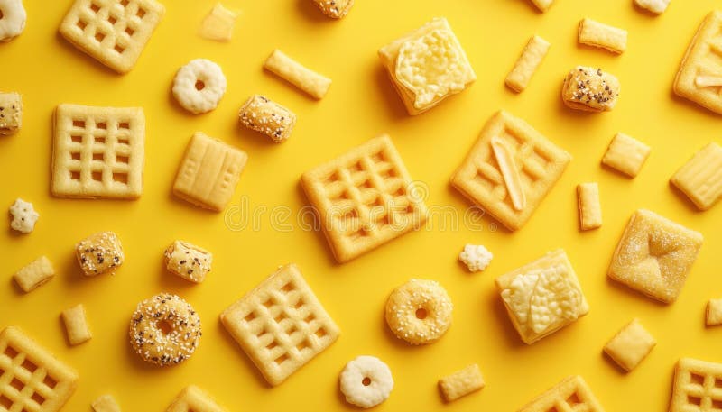Assorted Crispy Snacks Arranged on a Vibrant Yellow Background Stock ...