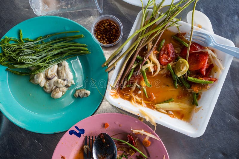 Various Thai Thai Sea Food after Eat on Table Stock Photo - Image of ...