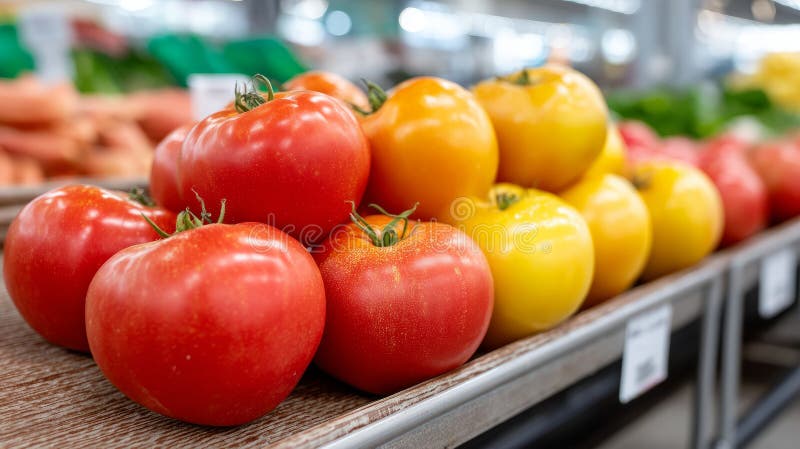 Various Tomatoes on Display in a Supermarket Aisle. Stock Image - Image ...