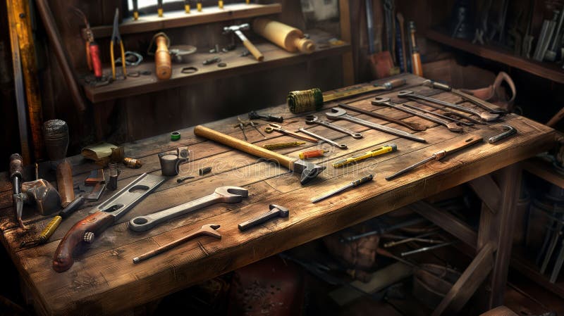 Various Tools Arranged on an Old Wooden Workbench Stock Image - Image ...