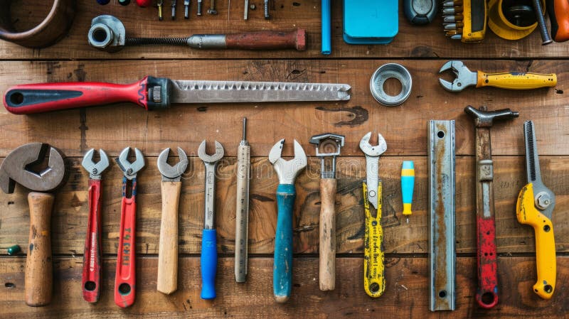 Various Tools Arranged on Wooden Table Stock Photo - Image of wrench ...