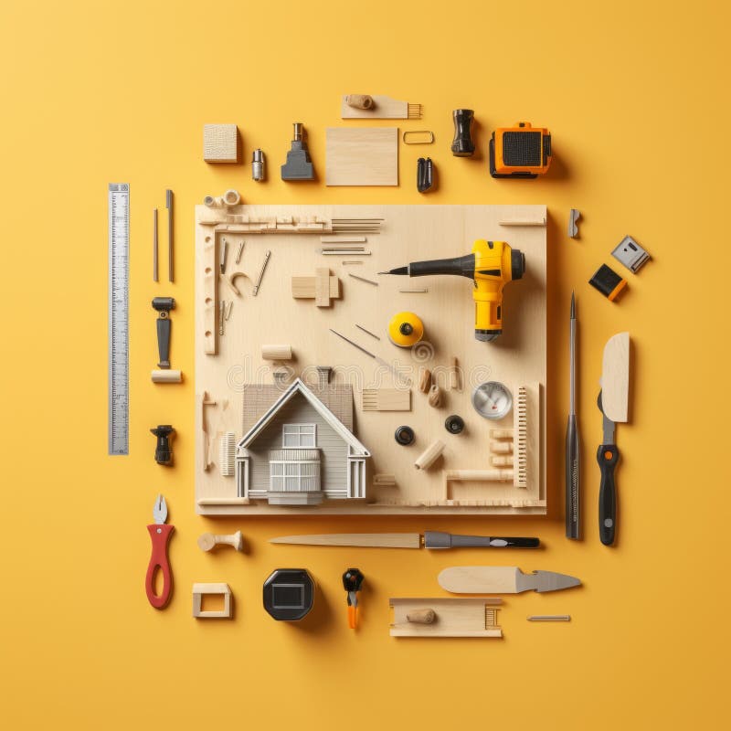 Various Tools and Building Materials Arranged on a Yellow Background ...