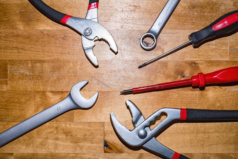 Various Tools on the Desktop Stock Image - Image of occupation, level ...