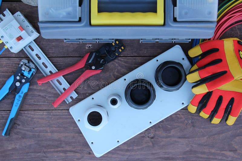 Power Tool Electrician Wooden Surface Top View Stock Photo - Image of ...