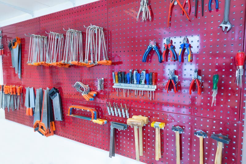 Various Tools Hanging at Wall in High School Stock Image - Image of ...