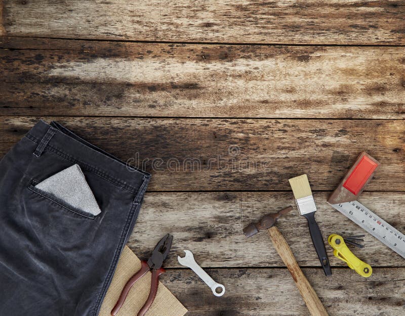 Various Tools on Wooden Rustic Background Stock Photo - Image of ...