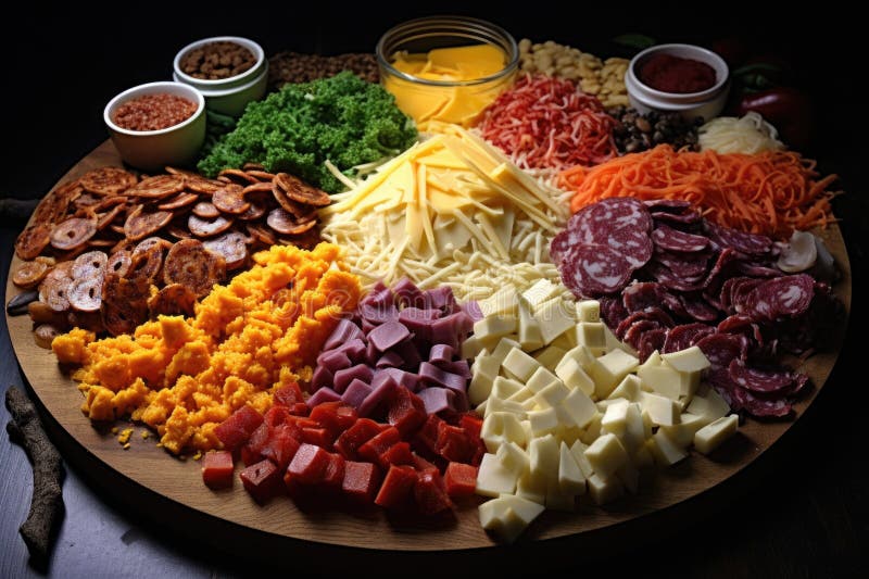 Various Toppings Scattered on Cheesy Base Stock Illustration ...