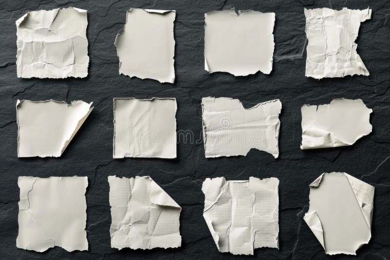 Various Torn Paper Scraps on a Dark, Textured Surface Stock Image ...
