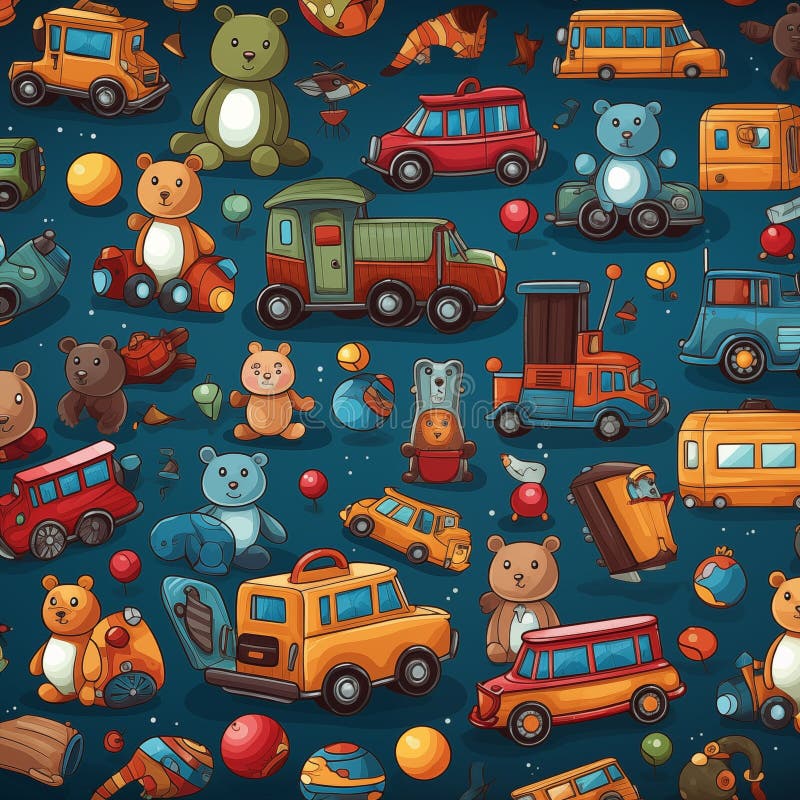 Assorted Toys and Vehicles Pattern on Blue Background. Generative AI ...