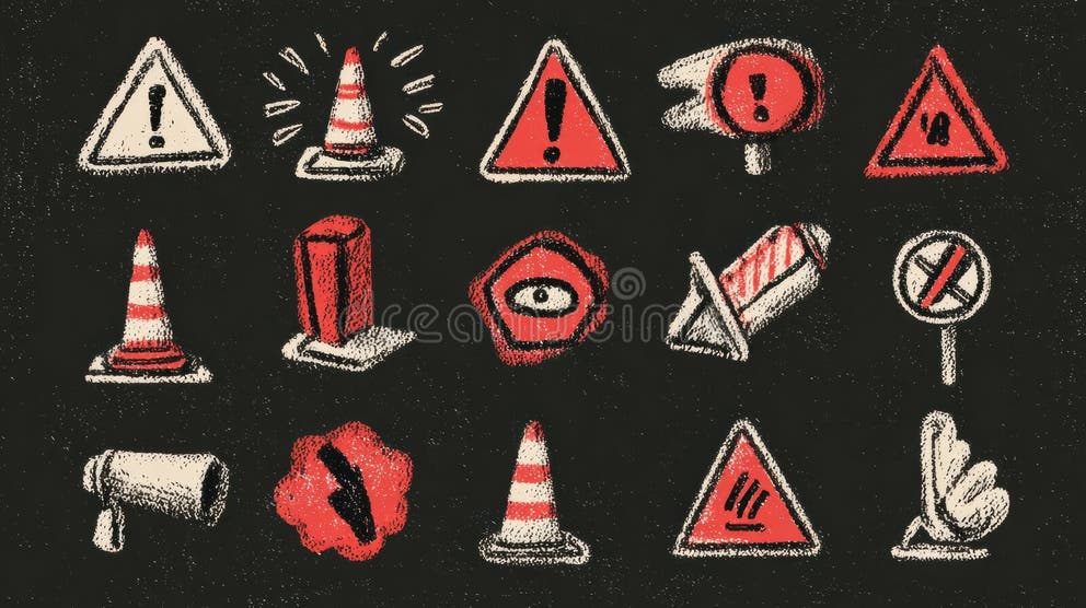 Traffic Warning Signs and Construction Symbols Illustrated in a Vibrant ...