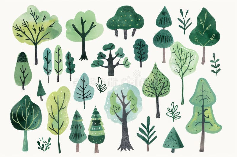 Various Tree Illustrations in Different Shades of Green on Isolated ...