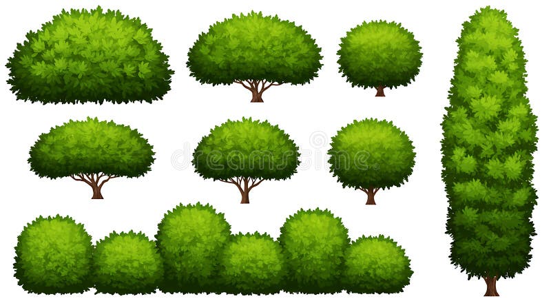 Various Tree and Shrub Illustrations with Dense Green Foliage and ...