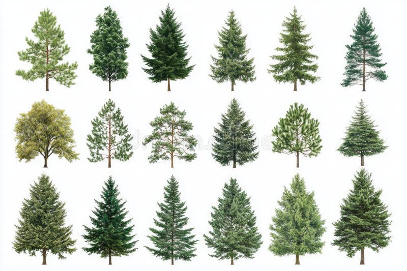 Various Tree Species on a Plain White Surface Stock Illustration ...
