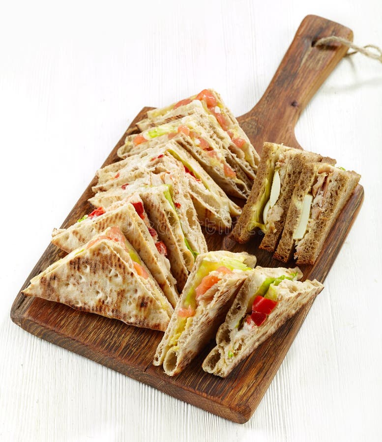 Various Triangle Sandwiches on Wooden Board Stock Photo - Image of fast ...