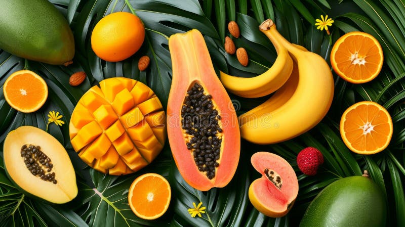 Various Tropical Fruits and Seeds Arranged on the Tropical Leaves, Top ...