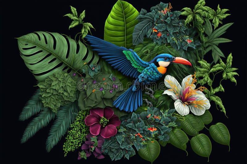 Various Tropical Leaves and Birds Exotic Wallpaper Design Stock ...