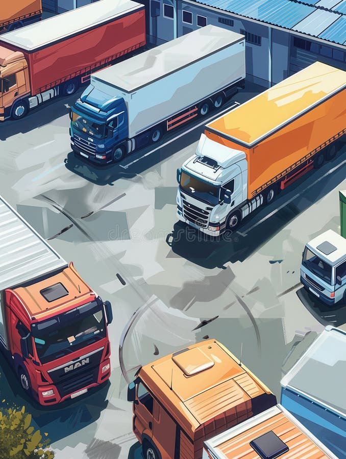 Various Trucks and Vans are Parked and Ready for Loading at a Warehouse, Indicating an Active ...