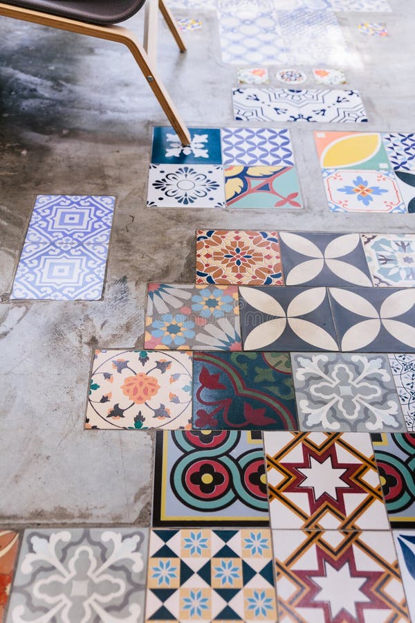 Various of Type and Color Floor Square Tiles with Concrete Floor Stock ...
