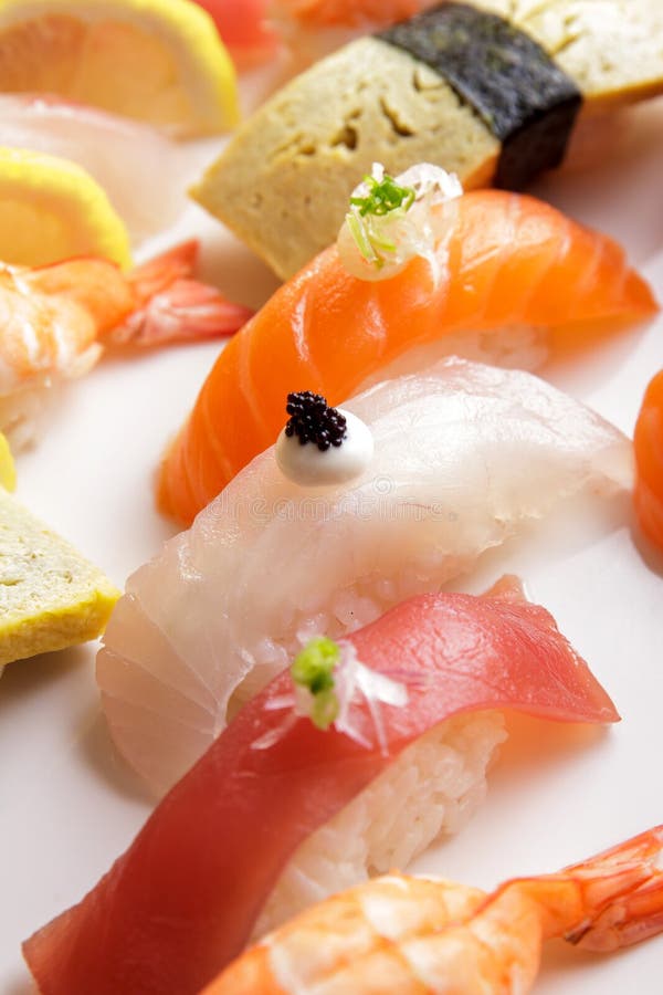 Various Type of Nigiri Sushi on White Plate Stock Image - Image of food ...
