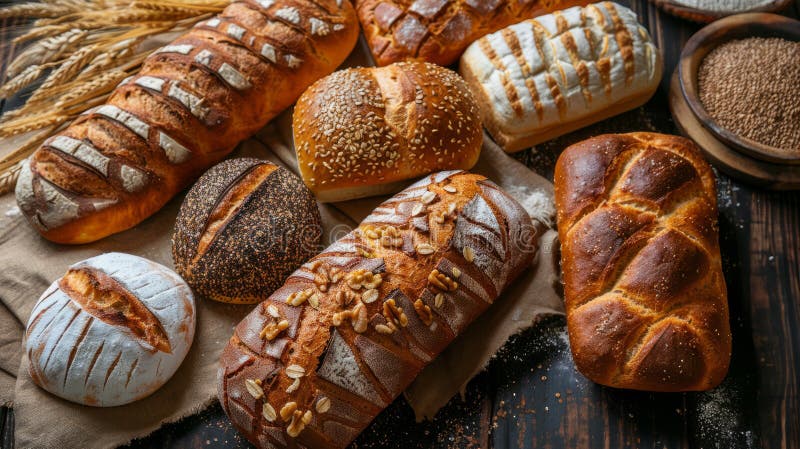 Various Types of Artisan Bread Loaves on a Rustic Wooden Table. Stock ...