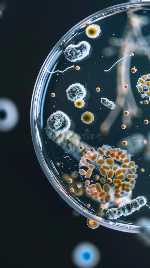 Various Types of Bacteria in a Petri Dish Under a Microscope Stock ...
