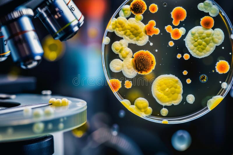 Various Types of Bacteria in a Petri Dish Under a Microscope Stock ...
