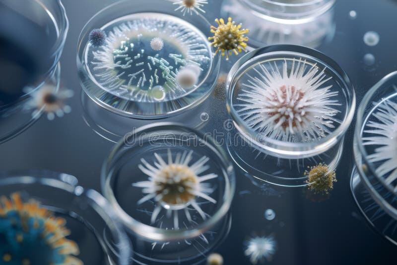 Various Types of Bacteria in a Petri Dish Under a Microscope Stock ...