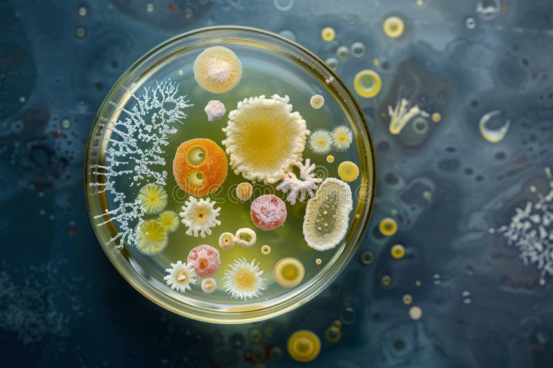 Various Types of Bacteria in a Petri Dish Under a Microscope Stock ...