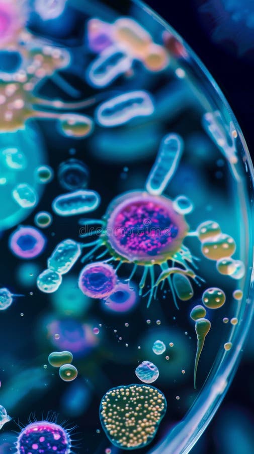 Various Types of Bacteria in a Petri Dish Under a Microscope Stock ...