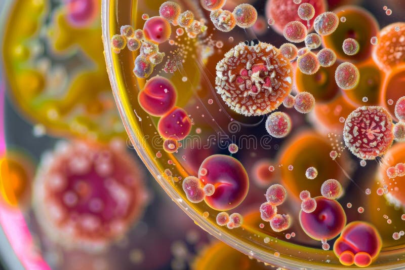 Various Types of Bacteria in a Petri Dish Under a Microscope Stock ...