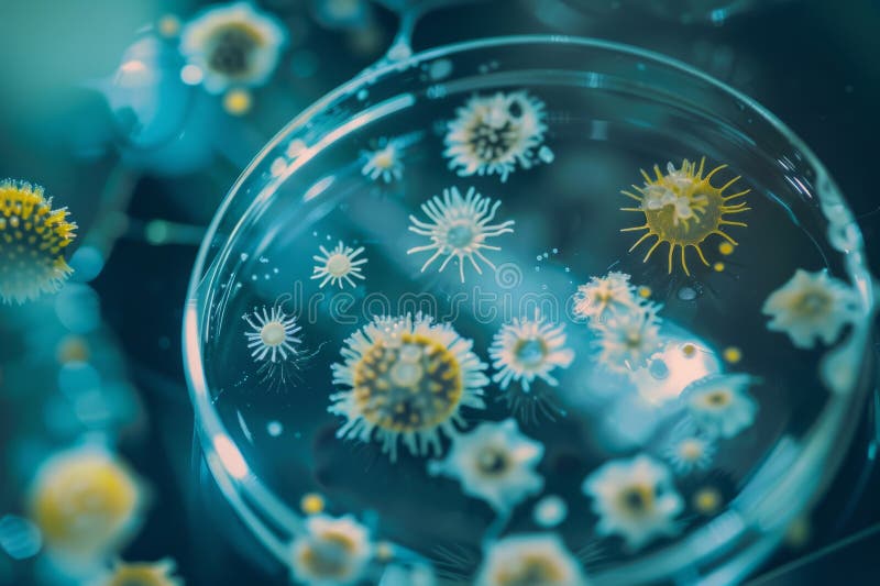 Various Types of Bacteria in a Petri Dish Under a Microscope Stock ...