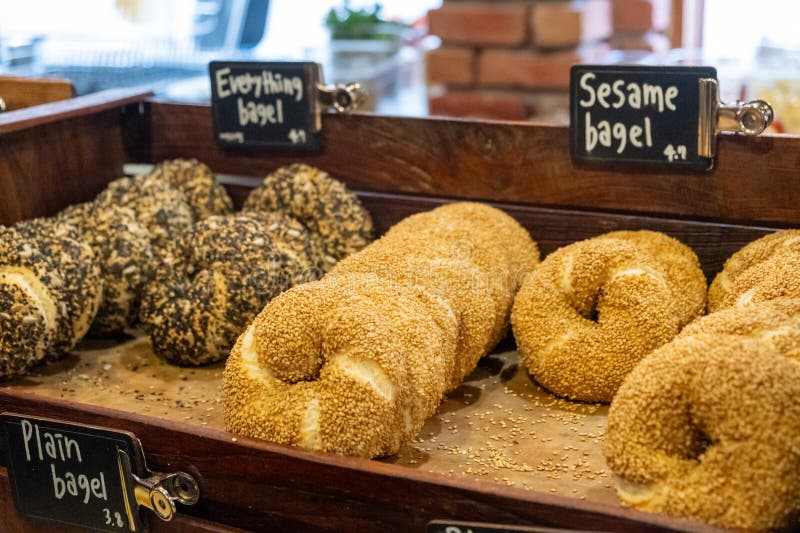 Various Types of Bagel on the Shelf Stock Photo - Image of bakery ...