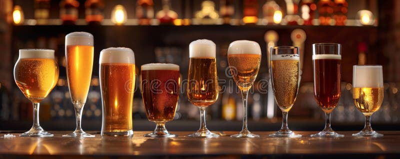 Various Types of Beer Glasses, Each with a Different Beer, Arranged on ...