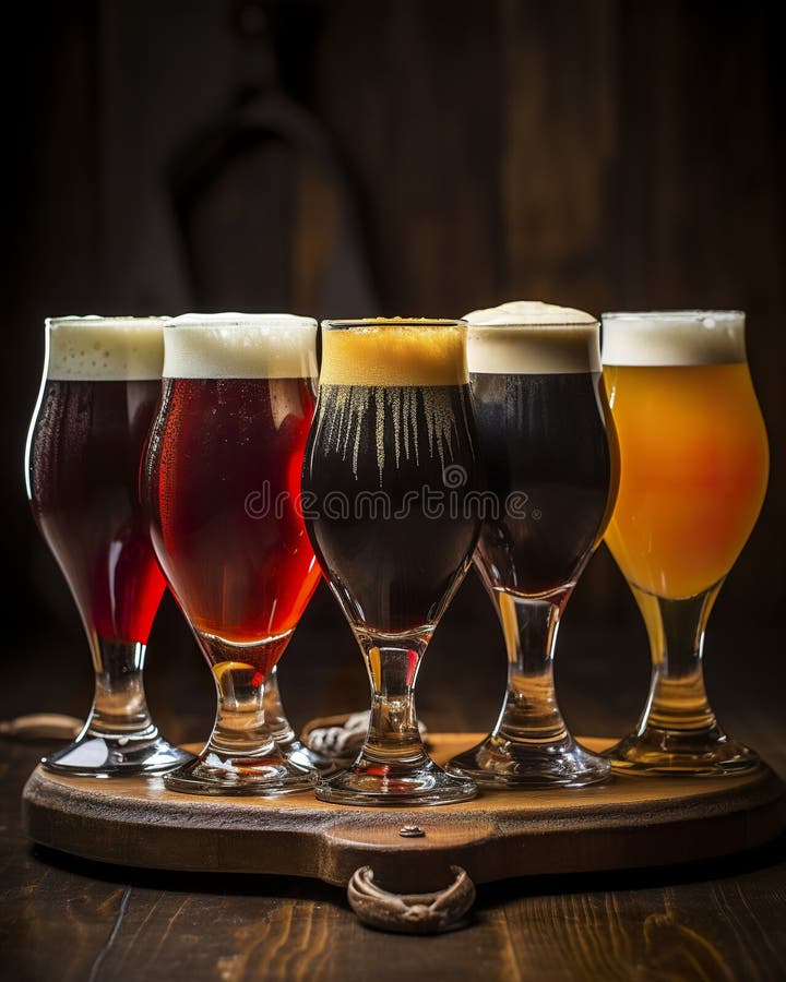 Various Types of Beers, Freshly Poured into Glasses, Showcasing a ...
