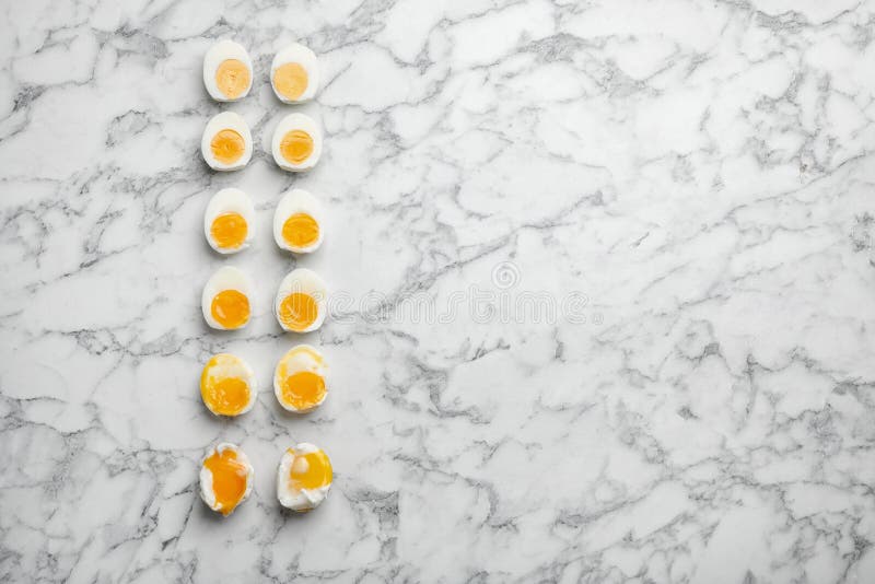 Various Types of Boiled Eggs on Marble Background, Flat Lay with Space ... Various Types of Boiled Eggs on Marble Background, Flat Lay with Space ...