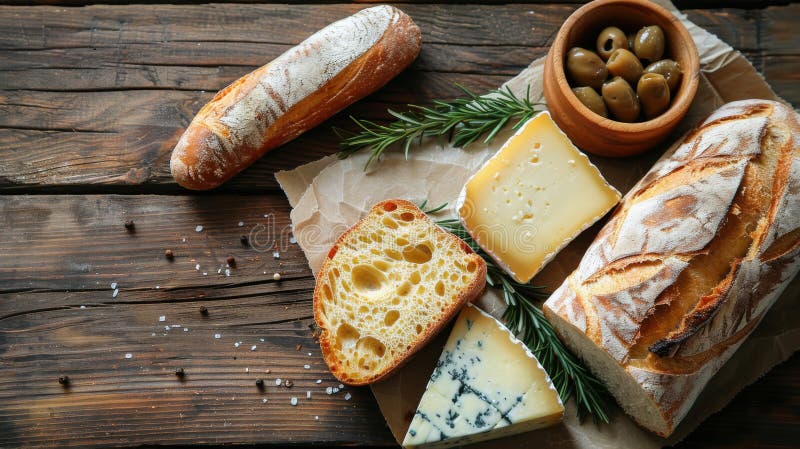 Assorted Breads and Cheeses on a Wooden Table Stock Photo - Image of ...