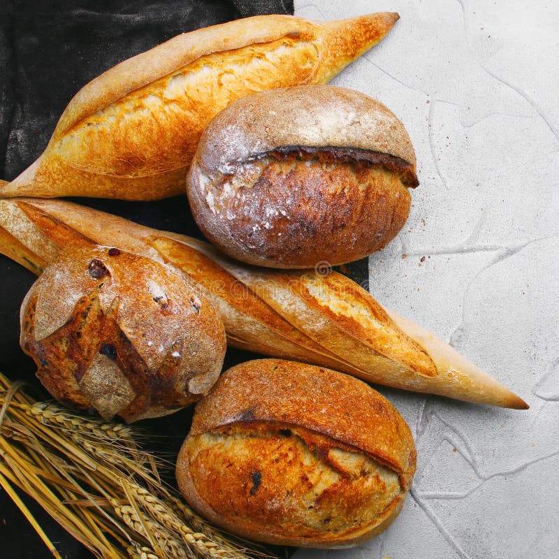 Various Types of Bread on Concrete Background Top View Stock Photo ...