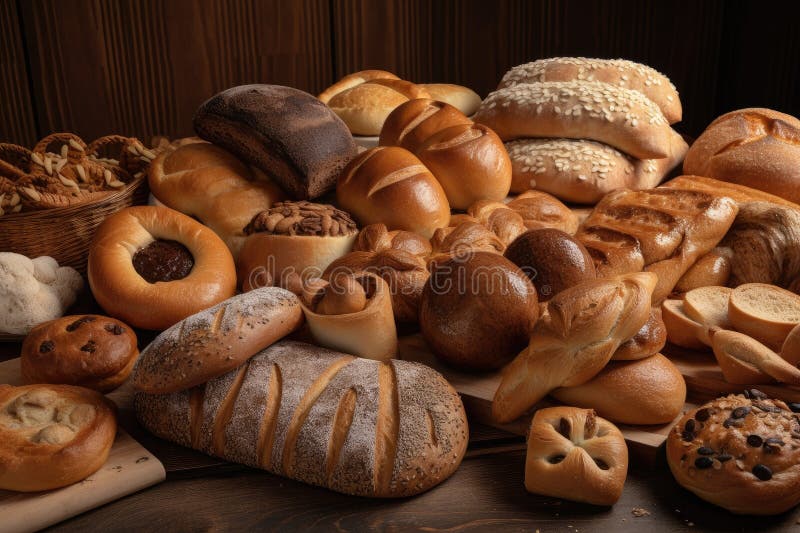 Various Types of Bread, Including Bagels and Rolls with Different ...