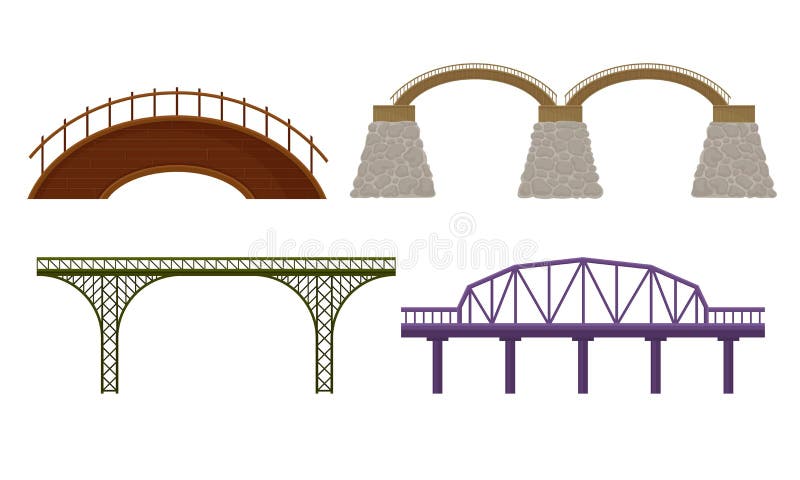 Various Types of Bridges Made of Concrete and Metal Isolated on White ...
