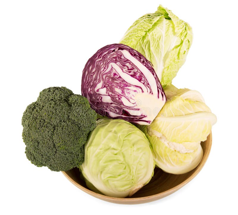 Set Different Types Fresh Cabbage on Round Wooden Board, Isolated ...