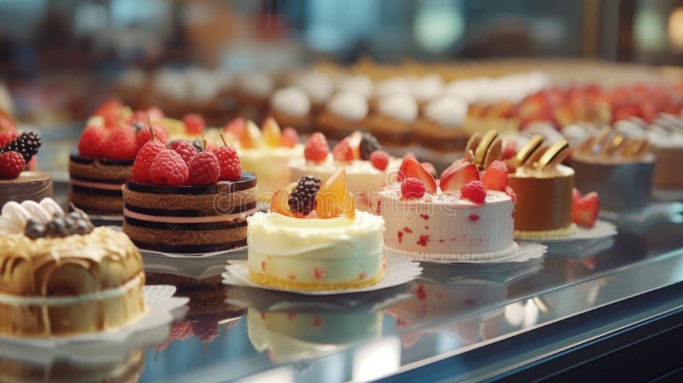 Various Types of Cakes in a Display Case, Perfect for Bakery Promotions ...