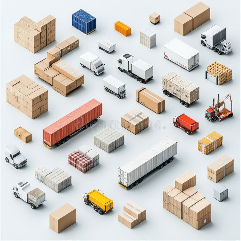 Various Types of Cargo Trucks and Packed Boxes Organized on a White ...