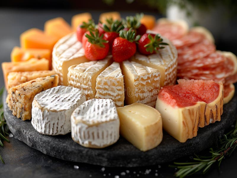 Various Types of Cheese on Black Stone Plate. Cheese Plate Stock Image ...