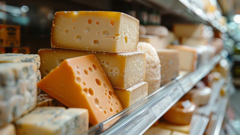 Various Types of Cheese Blocks on a Grocery Store Shelf. Stock Image ...