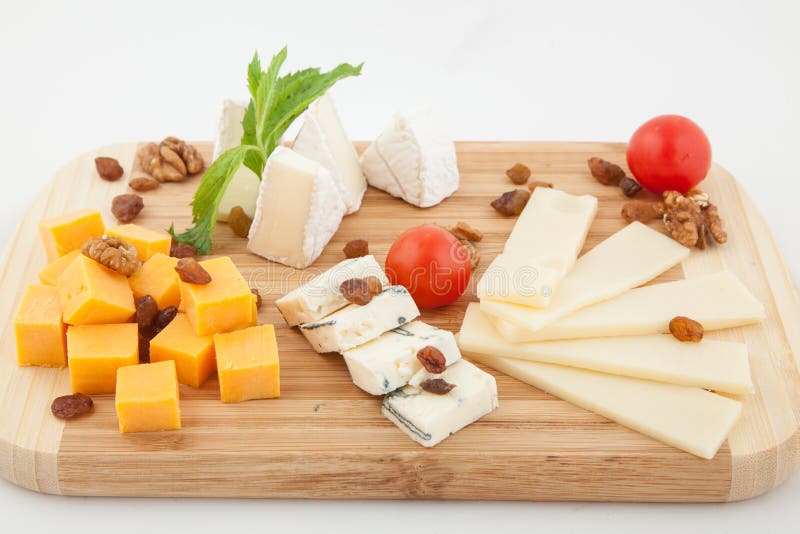 Various Types of Cheese Composition on Wooden Board Stock Photo - Image ...