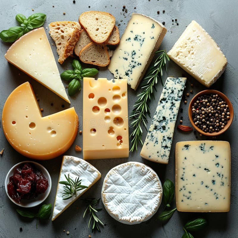 Various Types of Cheese on a Dark Concrete Background. Top View Stock ...