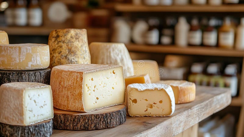 Various Types of Cheese Displayed on a Wooden Shelf in a Shop. Stock ...