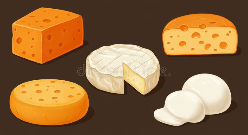 Various Types of Cheese are Illustrated on a Dark Background. the ...