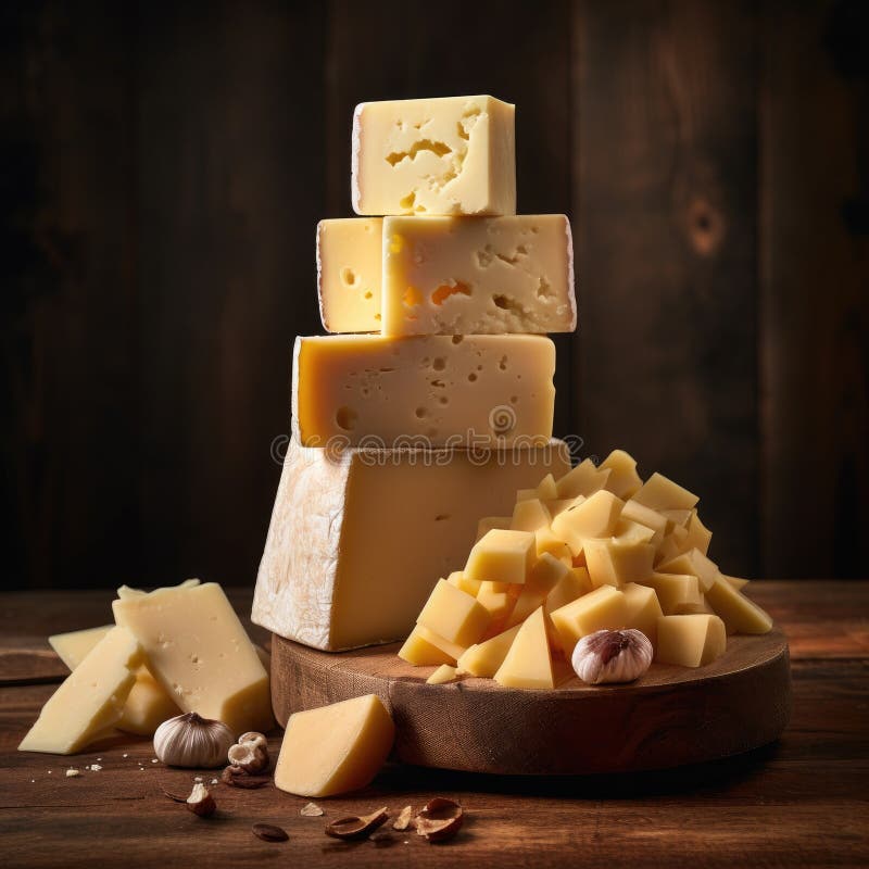 Various Types of Cheese on Rustic Wooden Table Stock Illustration ...